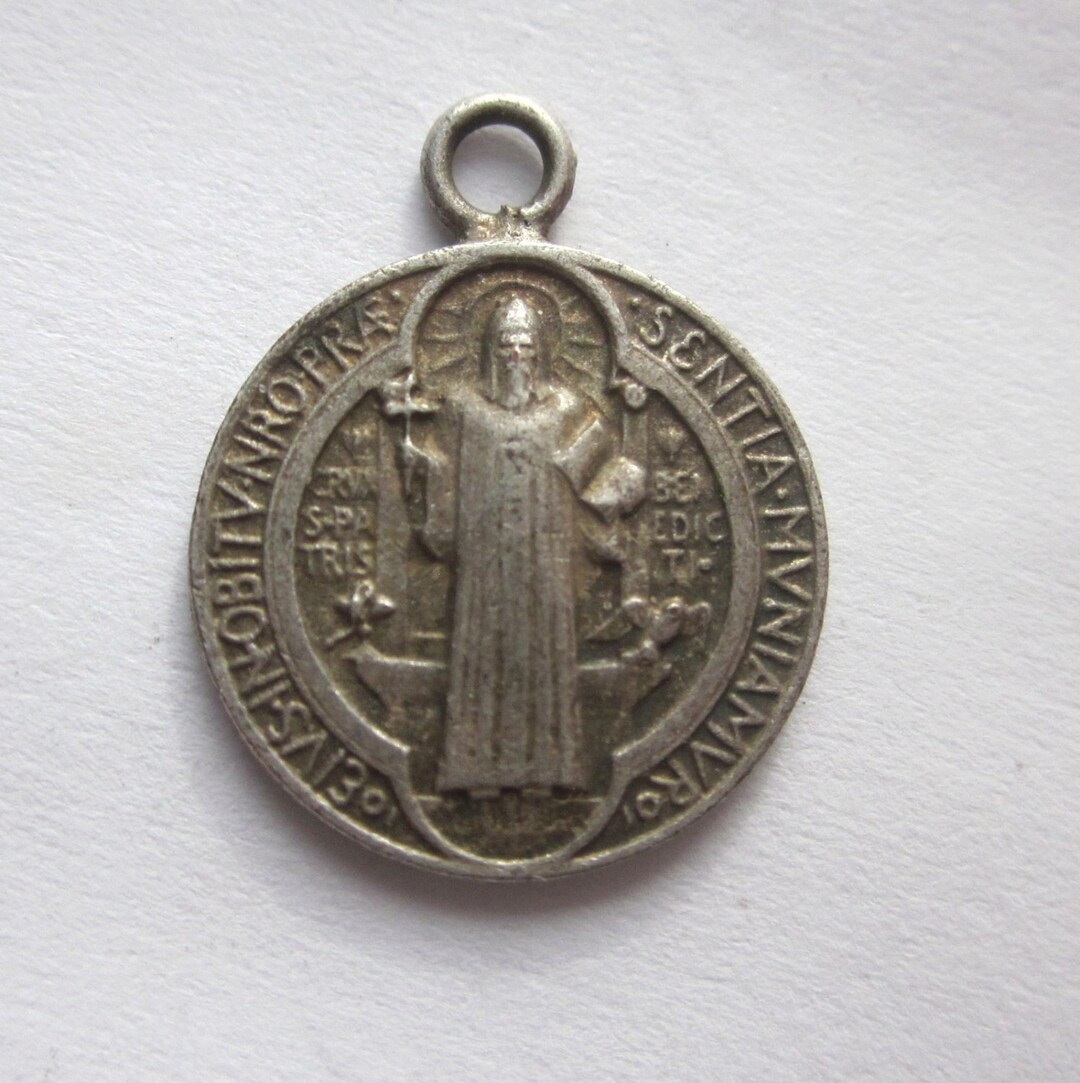Saint Benedict Antique Religious Medal on 18" Sterling Rolo Chain - Etsy