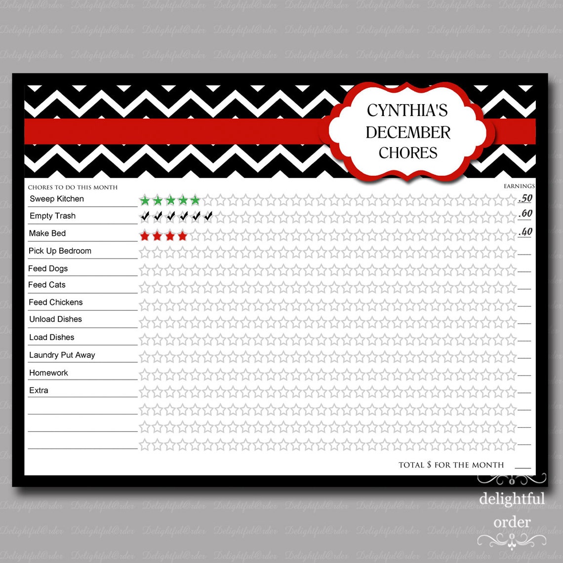Editable Red Chevron Monthly Chore Chart PDF File Instant | Etsy