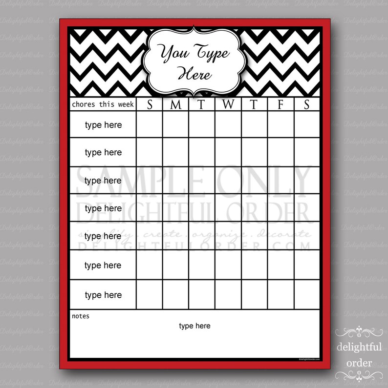 Editable Red Chevron Chore Chart PDF File Instant Digital - Etsy