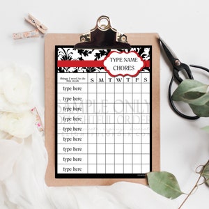 Editable Red Damask Chore Chart - PDF File - Instant Digital Download ...
