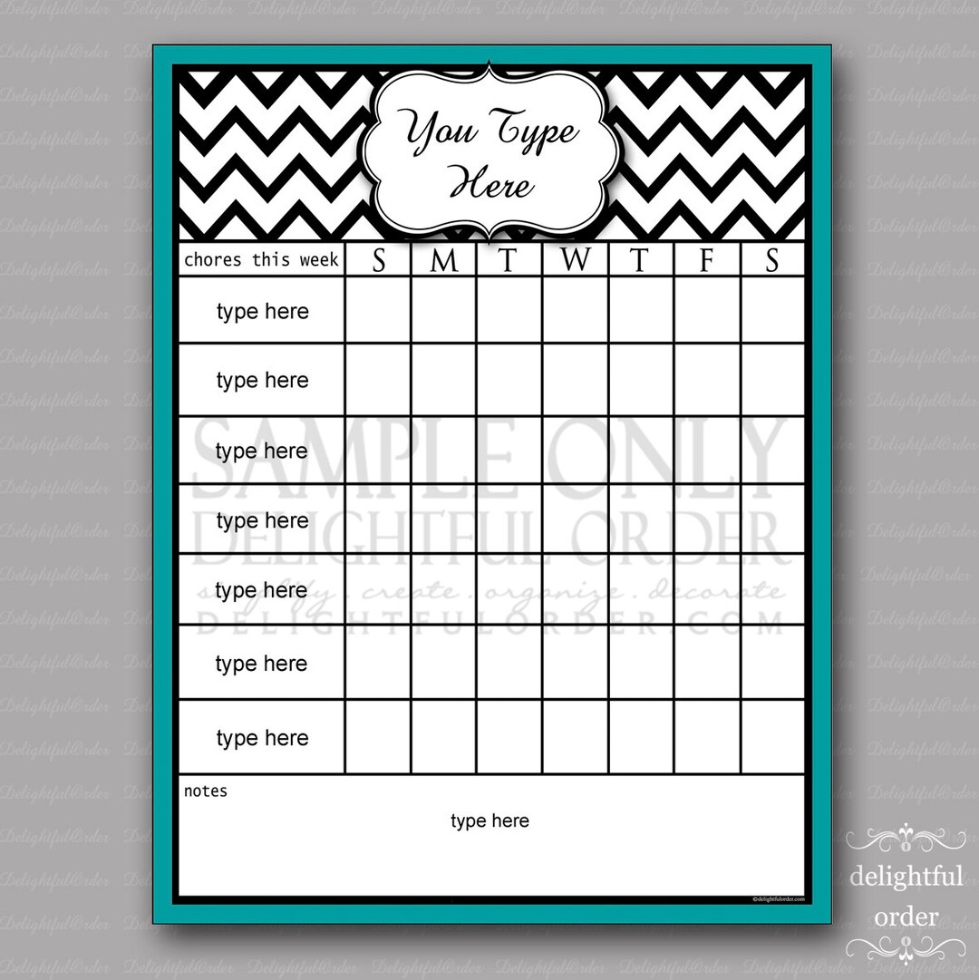 Editable Teal Chevron Chore Chart PDF File Instant Digital - Etsy