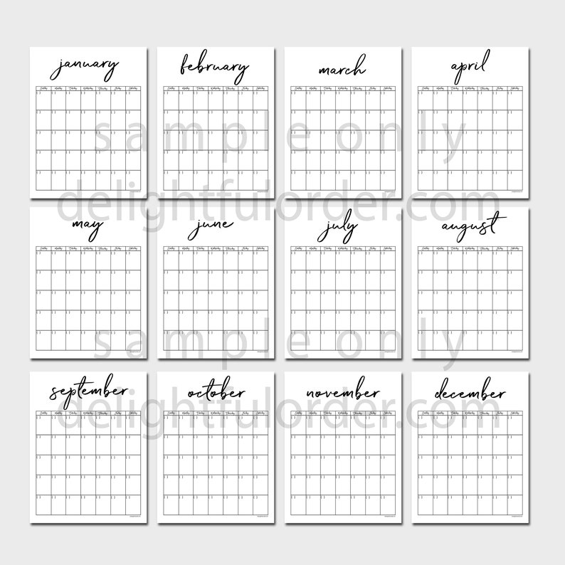 Monthly Calendar 12 Pages PDF Printable Files Instant | Etsy