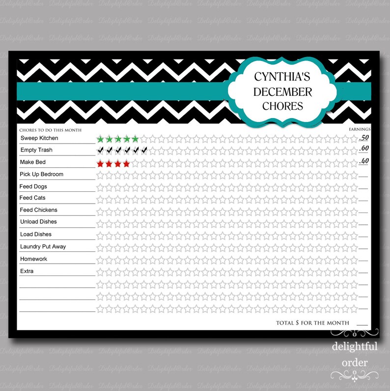 Editable Teal Chevron Monthly Chore Chart - PDF File - Instant Digital ...
