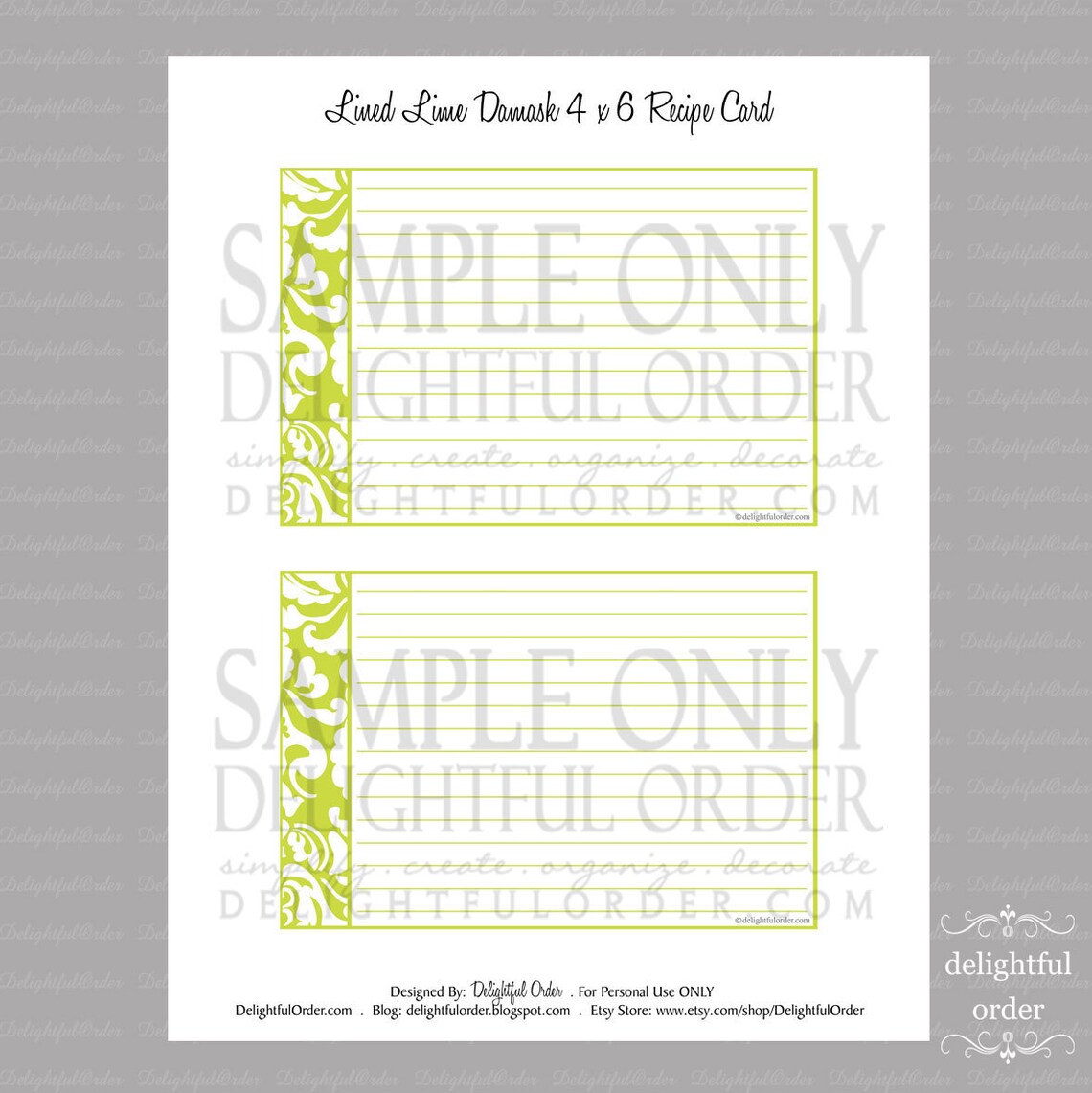 Editable and Printable 4 X 6 Lime Damask Recipe Cards 2 - Etsy