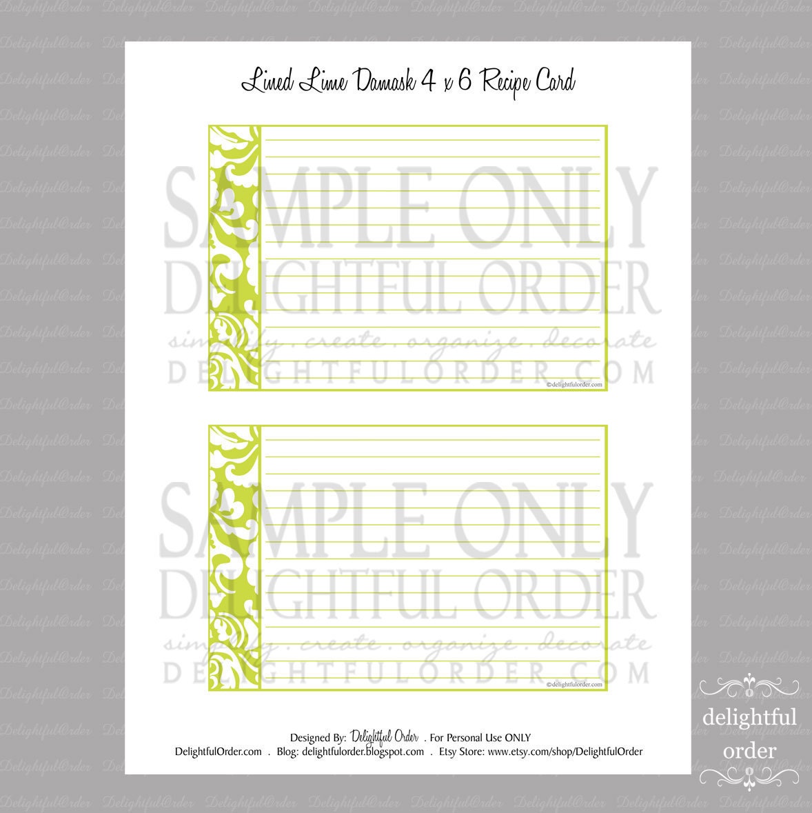 Editable and Printable - 4 X 6 Lime Damask Recipe Cards - (2) PDF Files ...