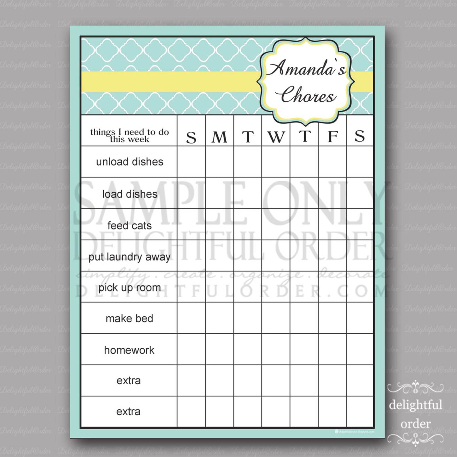 Editable Blue Trellis Chore Chart - PDF File - Instant Digital Download ...