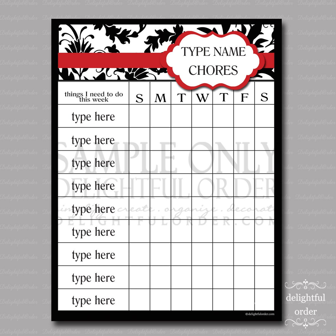 Editable Red Damask Chore Chart PDF File Instant Digital | Etsy