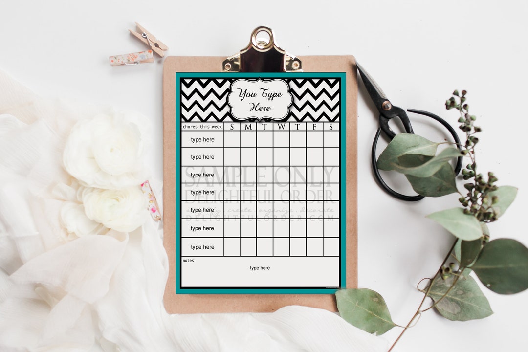 Editable Teal Chevron Chore Chart - PDF File - Instant Digital Download ...