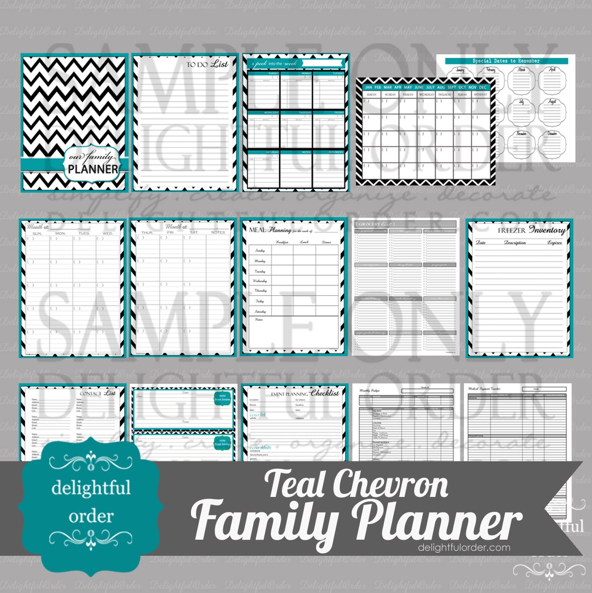 Teal Chevron Family Planner 15 pages PDF Printable Files | Etsy