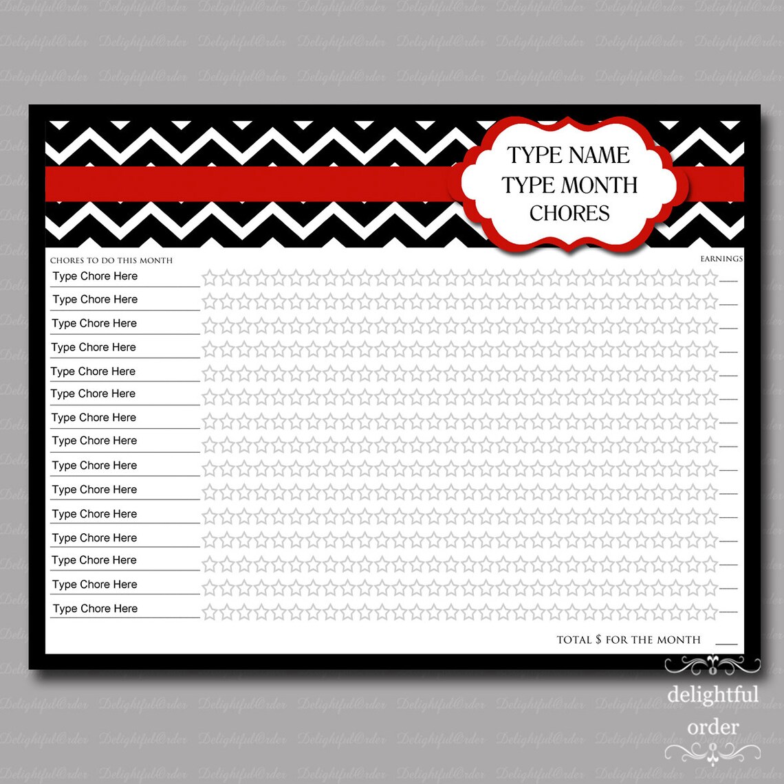 Editable Red Chevron Monthly Chore Chart PDF File Instant | Etsy
