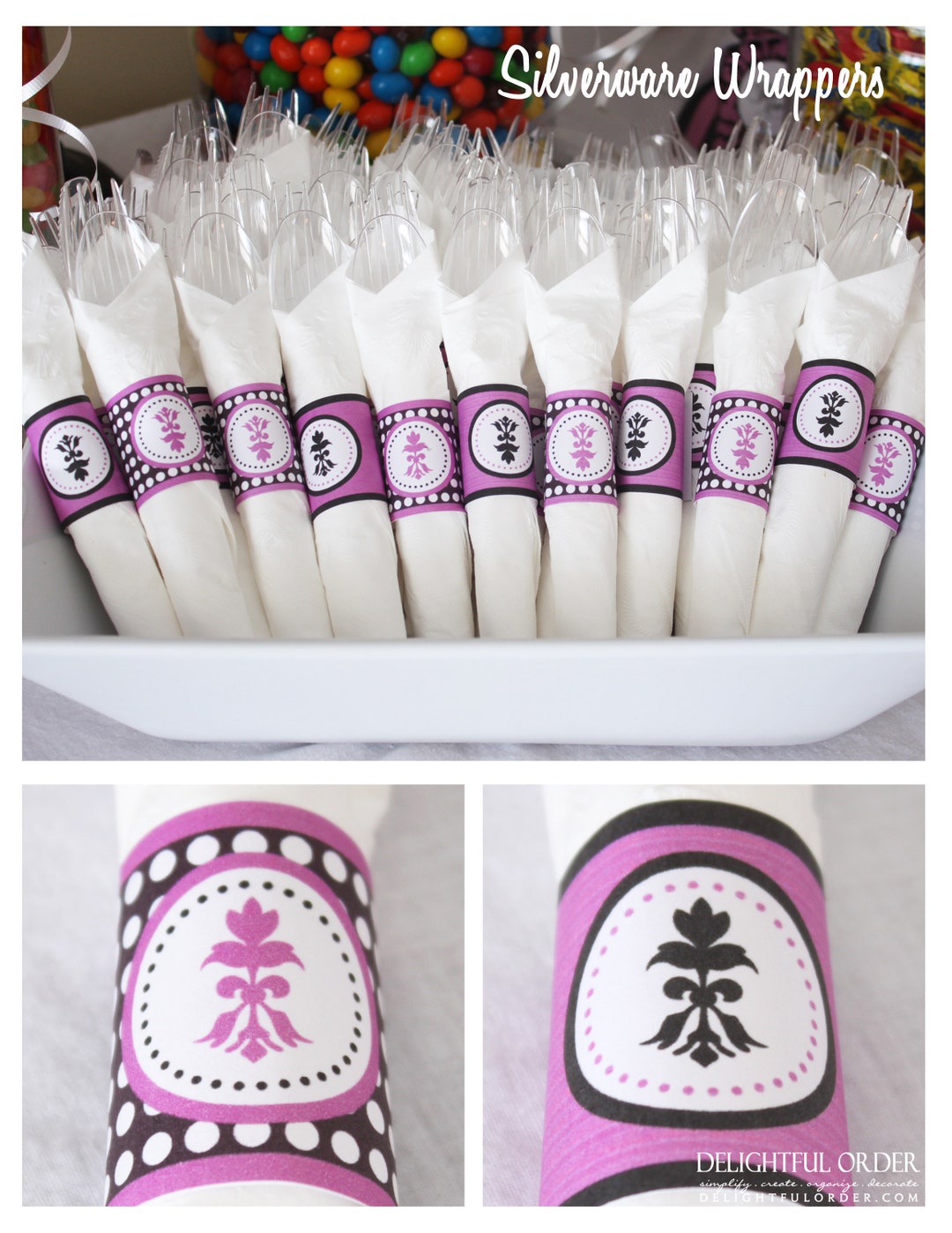 Printable Party Silverware Wrappers, Party Decor, Damask Party ...