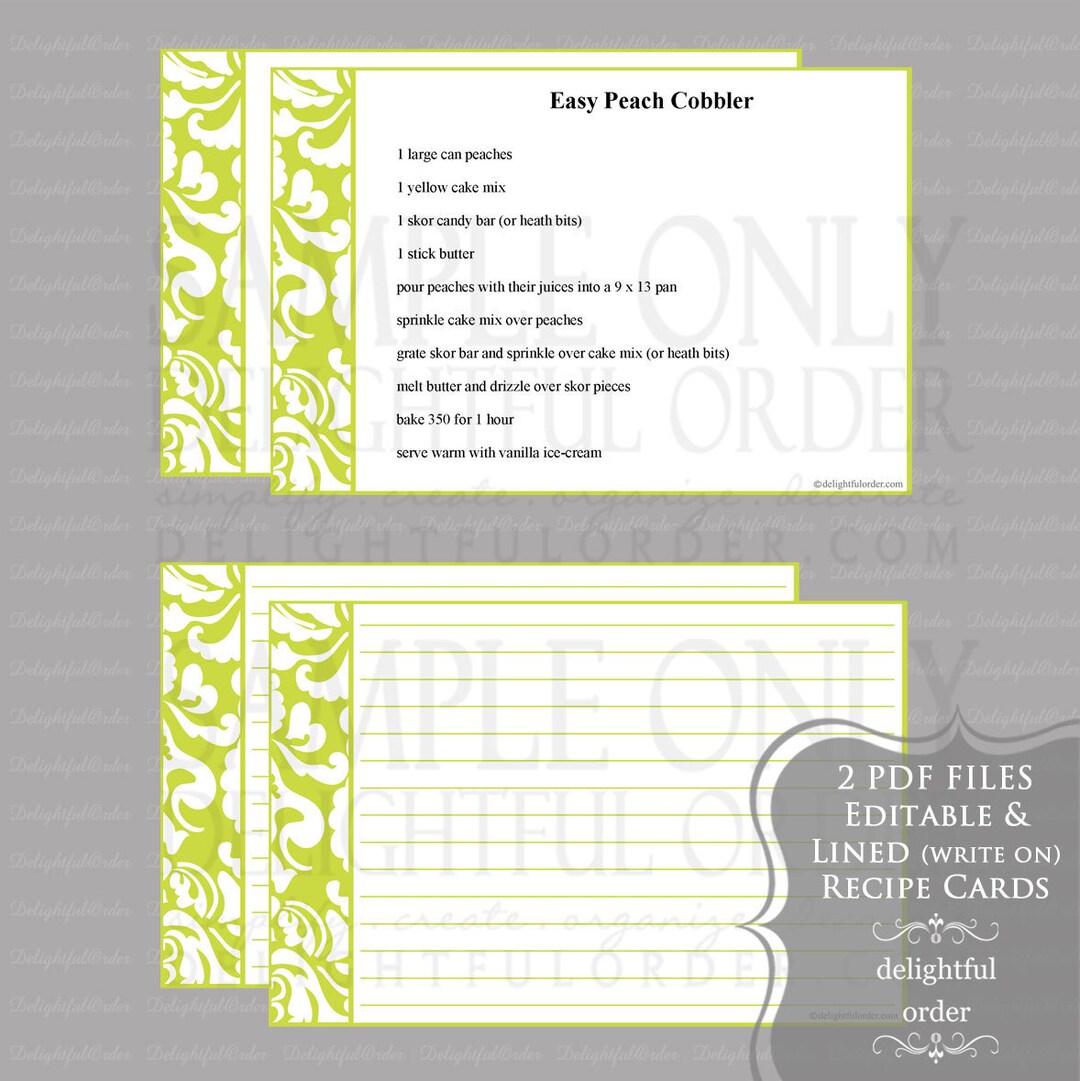 Editable and Printable - 4 X 6 Lime Damask Recipe Cards - (2) PDF Files ...