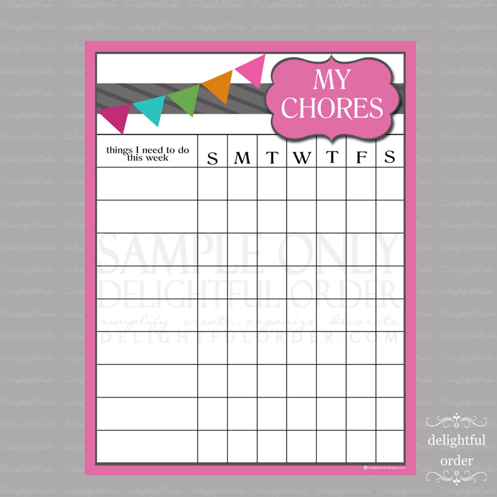 Pennant Banner Girl Chore Chart - PDF File - Instant Digital Download ...