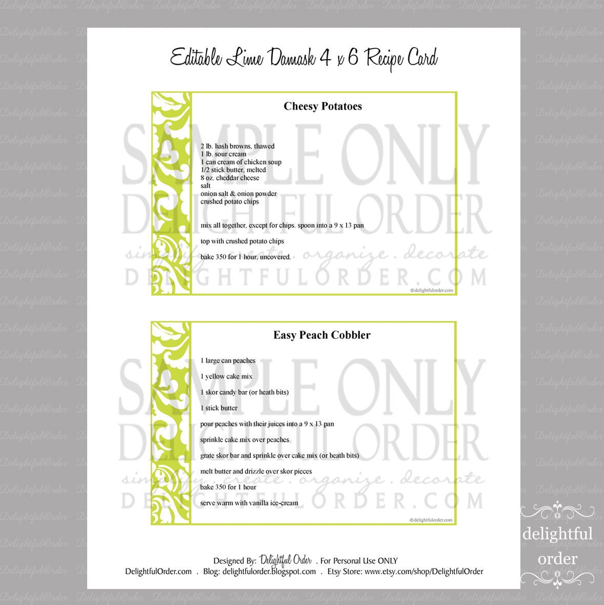 Editable and Printable - 4 X 6 Lime Damask Recipe Cards - (2) PDF Files ...