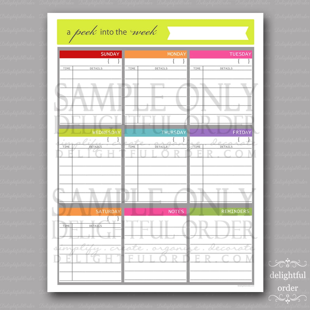Colorful A Peek Into the Week PDF Printable File Instant Digital ...