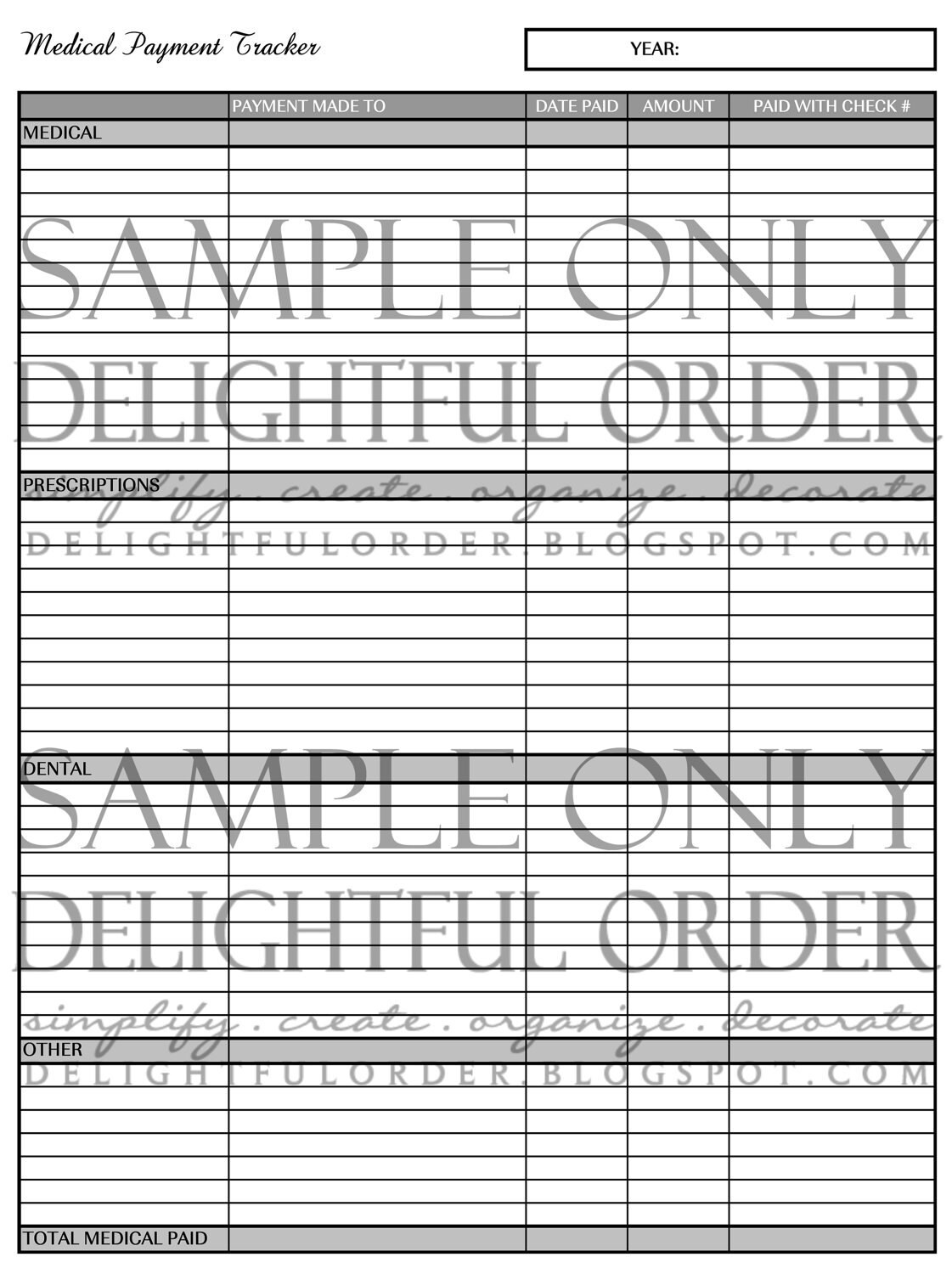 Medical Payment Tracker PDF Printable File Instant Digital - Etsy