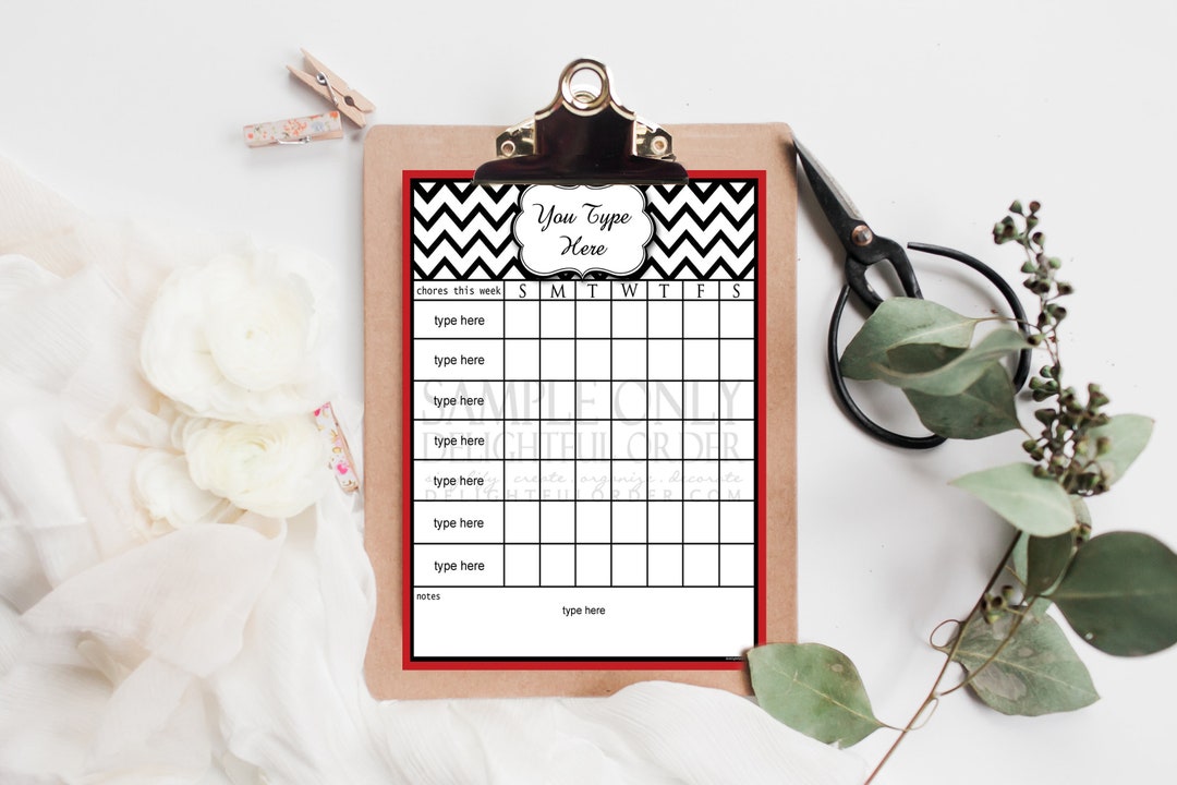 Editable Red Chevron Chore Chart - PDF File - Instant Digital Download ...
