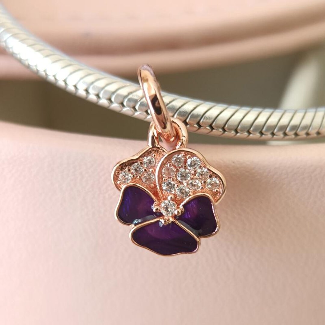 Deep Purple Pansy Flower Dangle Charm:for Pandora Bracelet Rose Gold ...