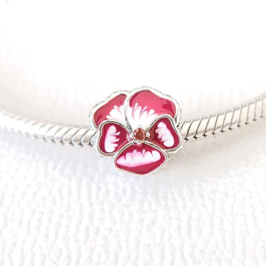 Sterling Silver Pink Pansy Flower Charm: European Bracelet Bead - Etsy