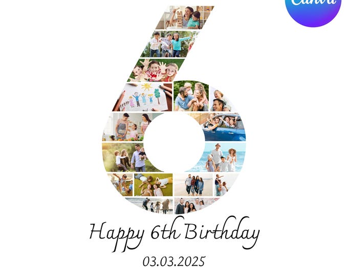 6th Birthday Number Collage: Editable Photo Poster Canva Template - Etsy