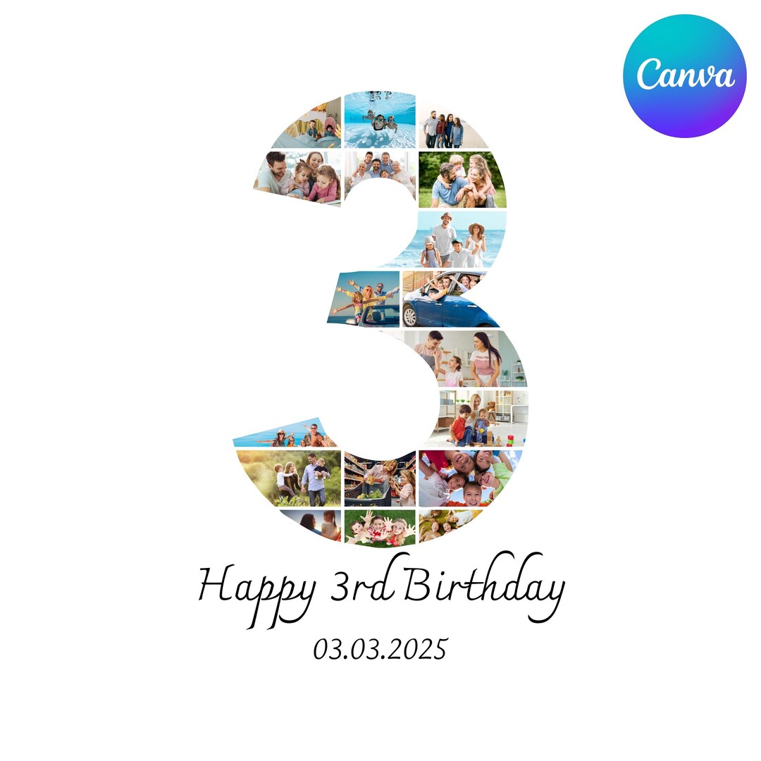 3rd Birthday Photo Collage, Number 3 With Photos Canva Template - Etsy ...