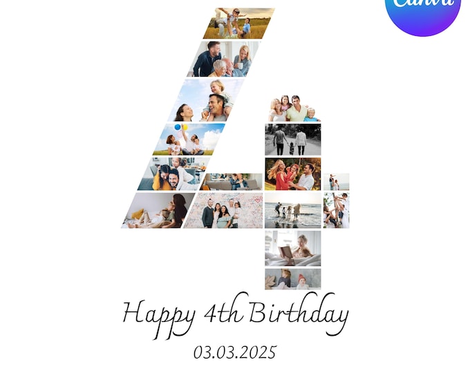 4th Birthday Number Collage: Editable Photo Poster Canva Template - Etsy