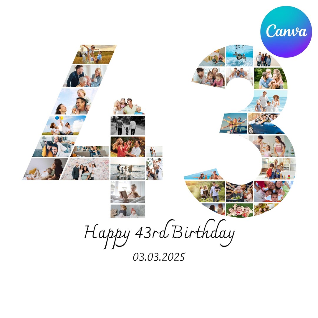 43rd Birthday Photo Collage Canva Template: Editable Number Sign - Etsy