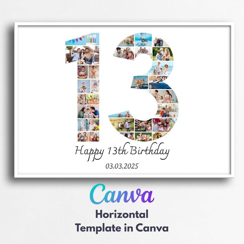 13th Birthday Photo Collage Template: Editable Number Sign (canva) - Etsy