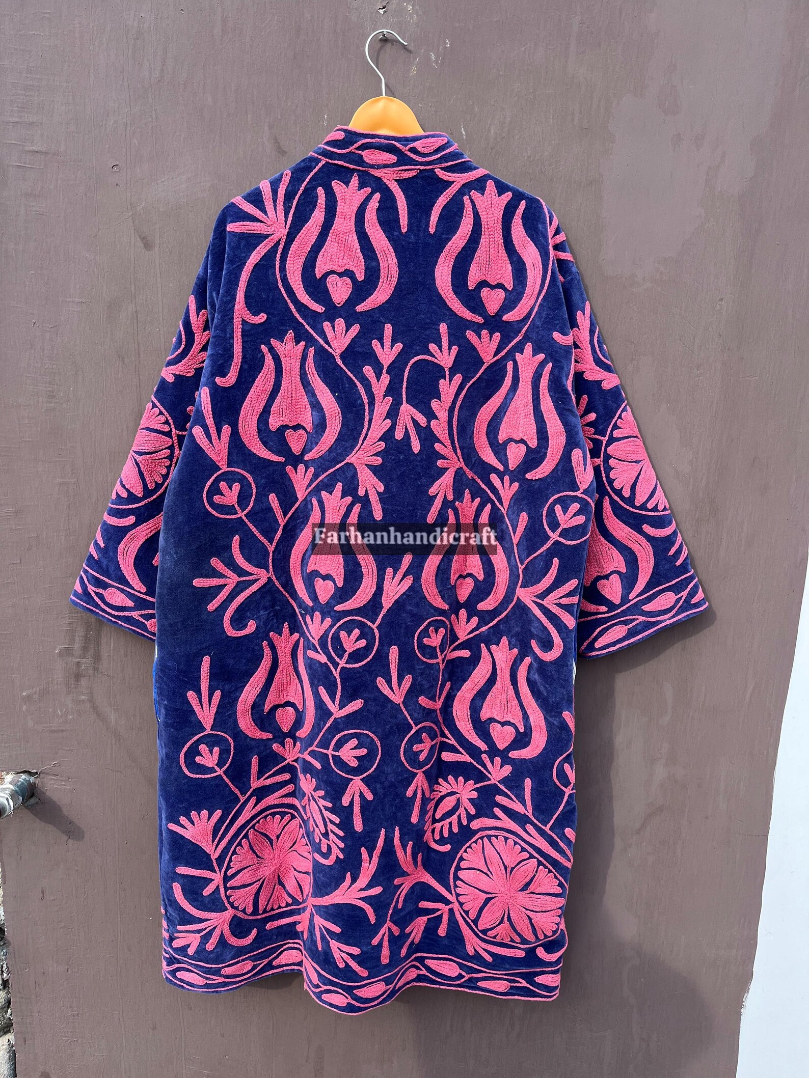 Handmade Blue Velvet Kimono Robe | Pink Floral Embroidery, Bohemian ...