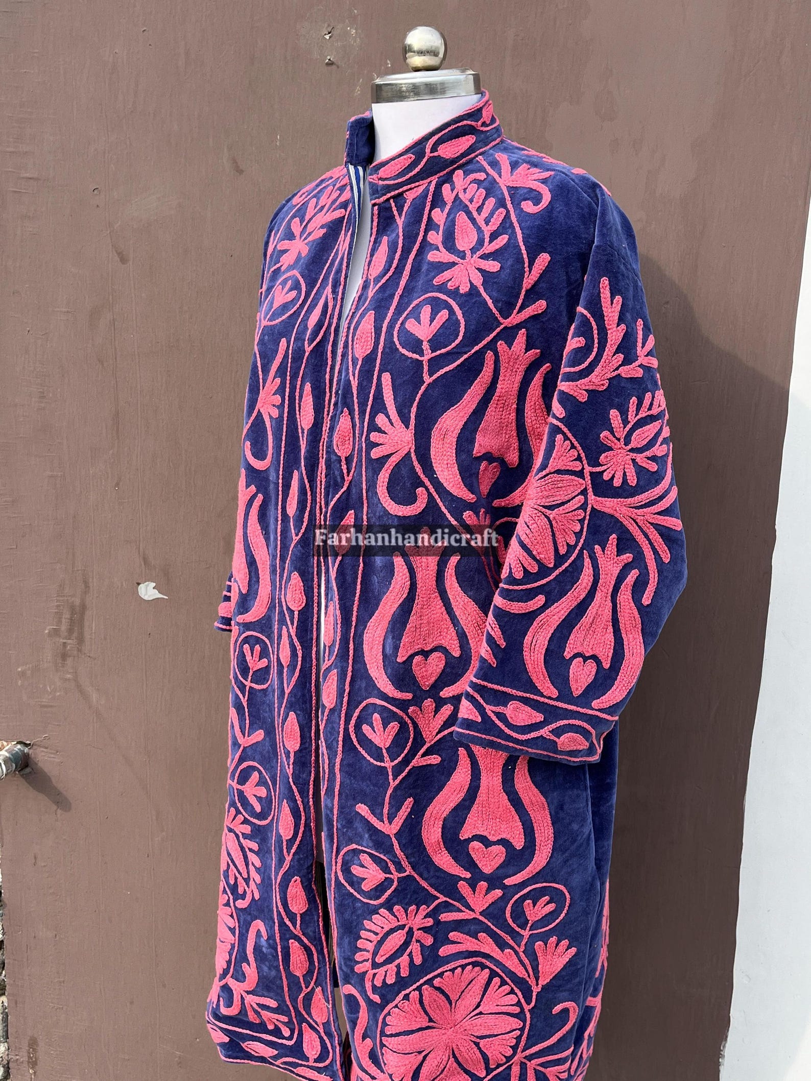 Handmade Blue Velvet Kimono Robe | Pink Floral Embroidery, Bohemian ...