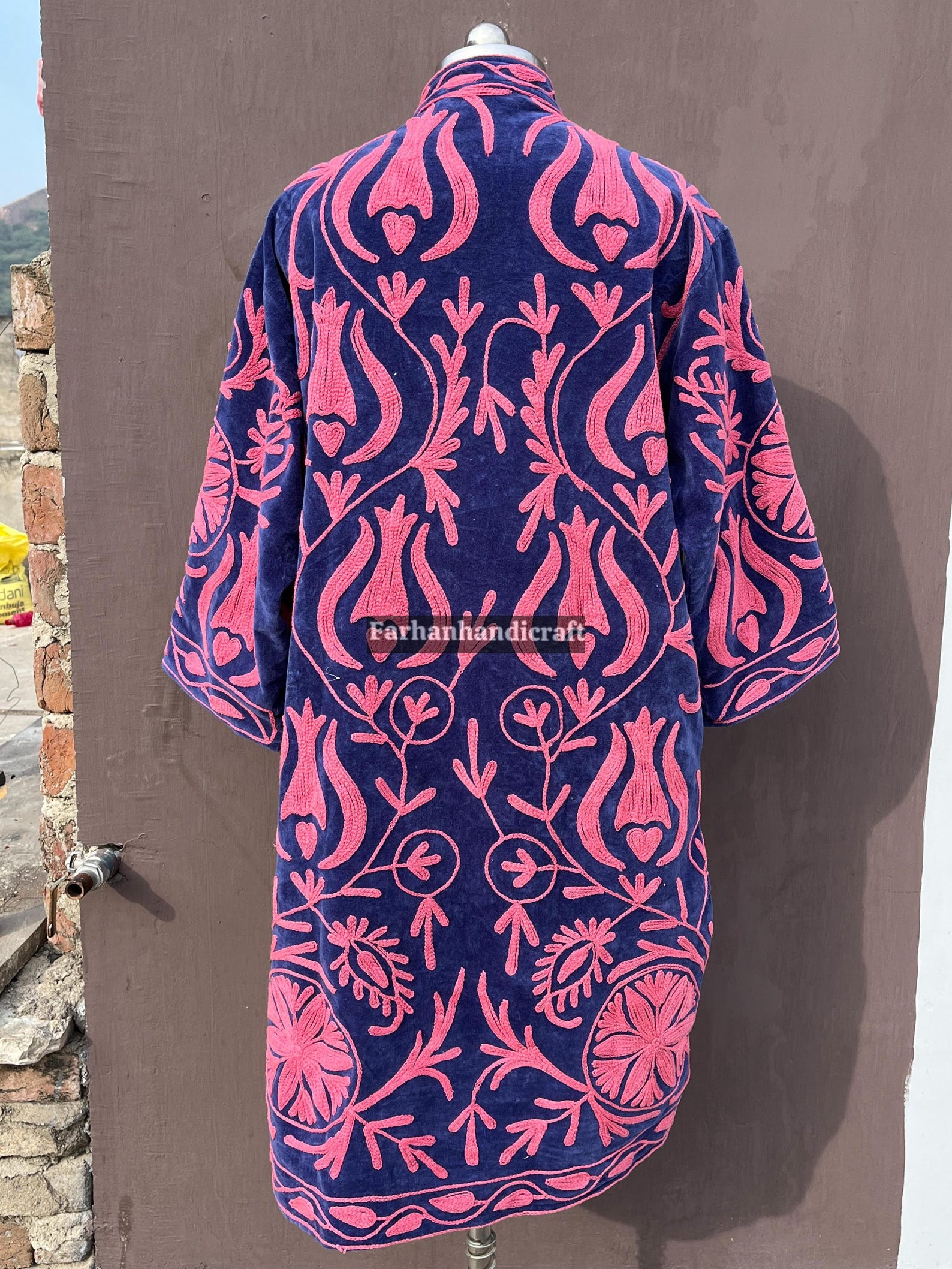 Handmade Blue Velvet Kimono Robe | Pink Floral Embroidery, Bohemian ...