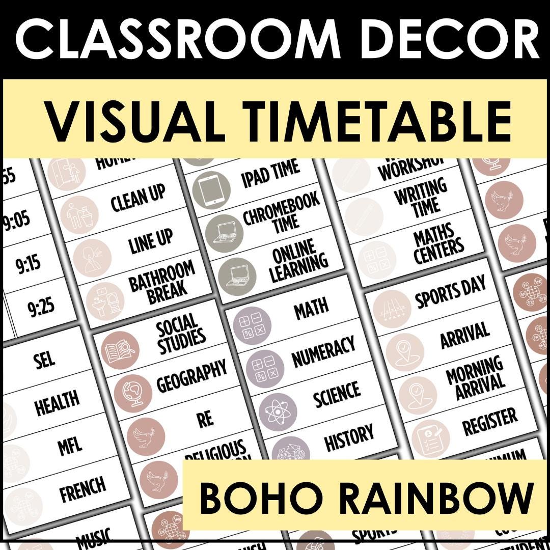 Visual Timetable Cards | 132 Activities + Time Card | Neutral Boho ...