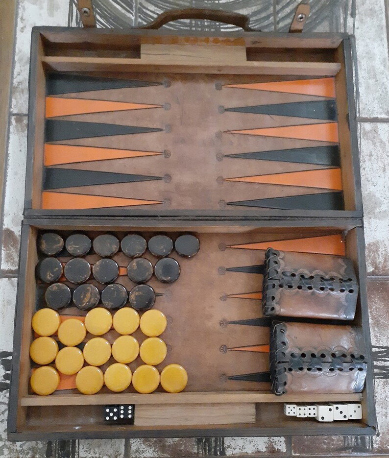 Vintage Bakelite Lucite Look Backgammon Set Hand Tooled Leather Wood ...