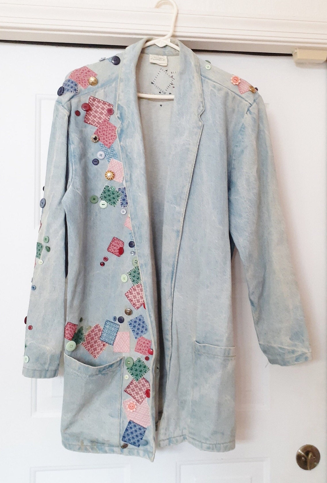 RARE Vtg BONGO 80s Denim Jacket Duster Coat Embellished Buttons ...