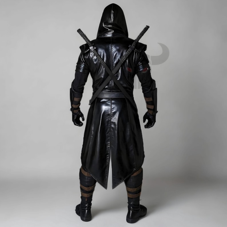 Black Leather Ninja Assassin Costume Hooded LARP Armor Samurai Warrior ...