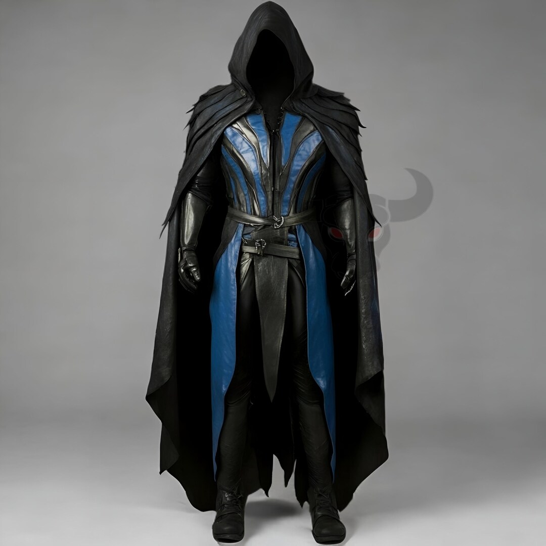 Dark Fantasy Real Leather Warrior Costume | Black Hooded Cloak & Blue ...