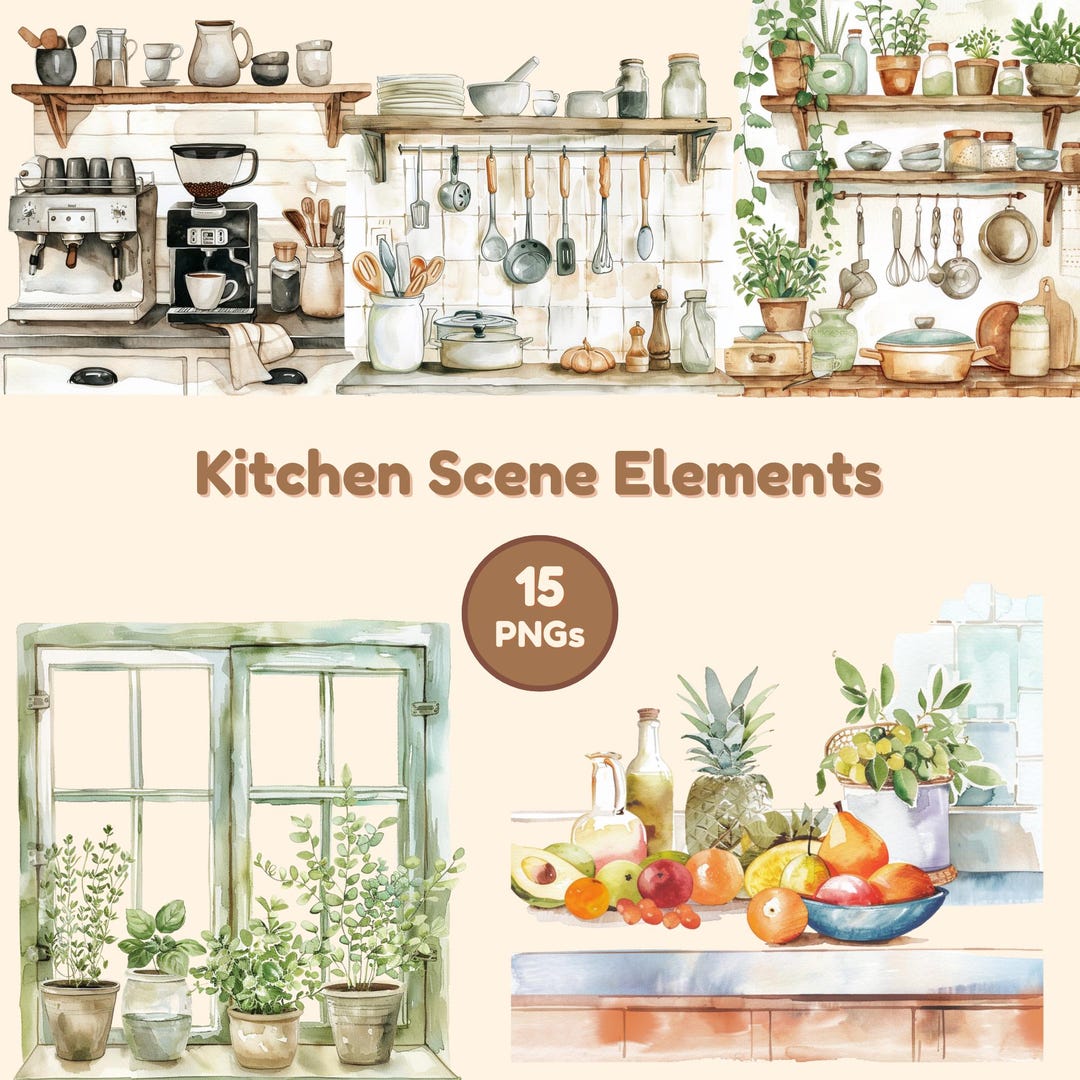 Kitchen Scene Clipart PNG Set, Aesthetic Cooking Interior Illustration ...