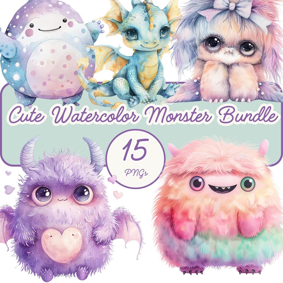 Pastel Monster Clipart Bundle | 15 Kawaii Monster Pngs | Watercolor ...