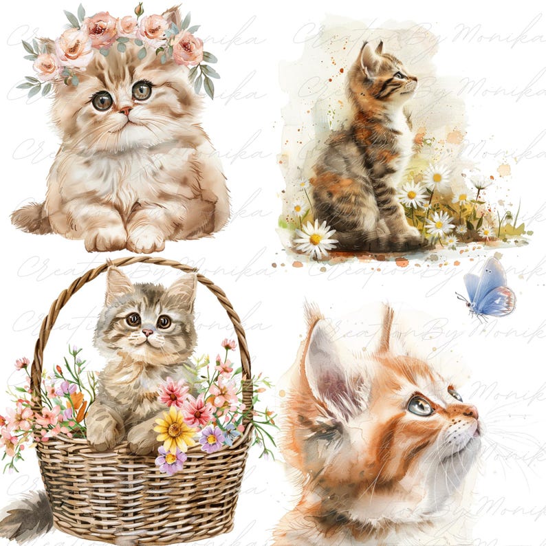 Spring Cat Clipart PNG Bundle, Floral Kitty Illustration Collection ...
