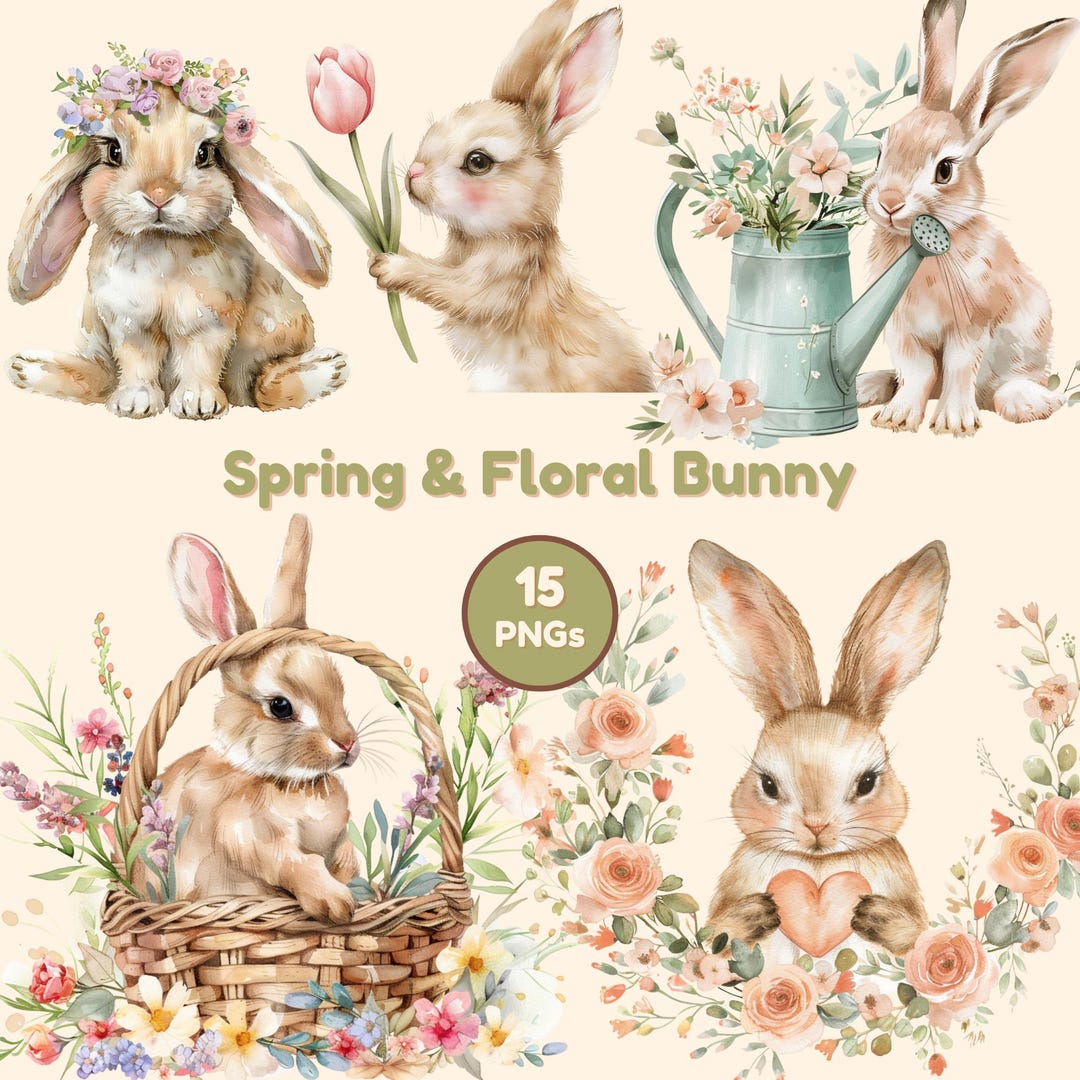 Spring and Floral Bunny Clipart Bundle, 15 Transparent Background Pngs ...