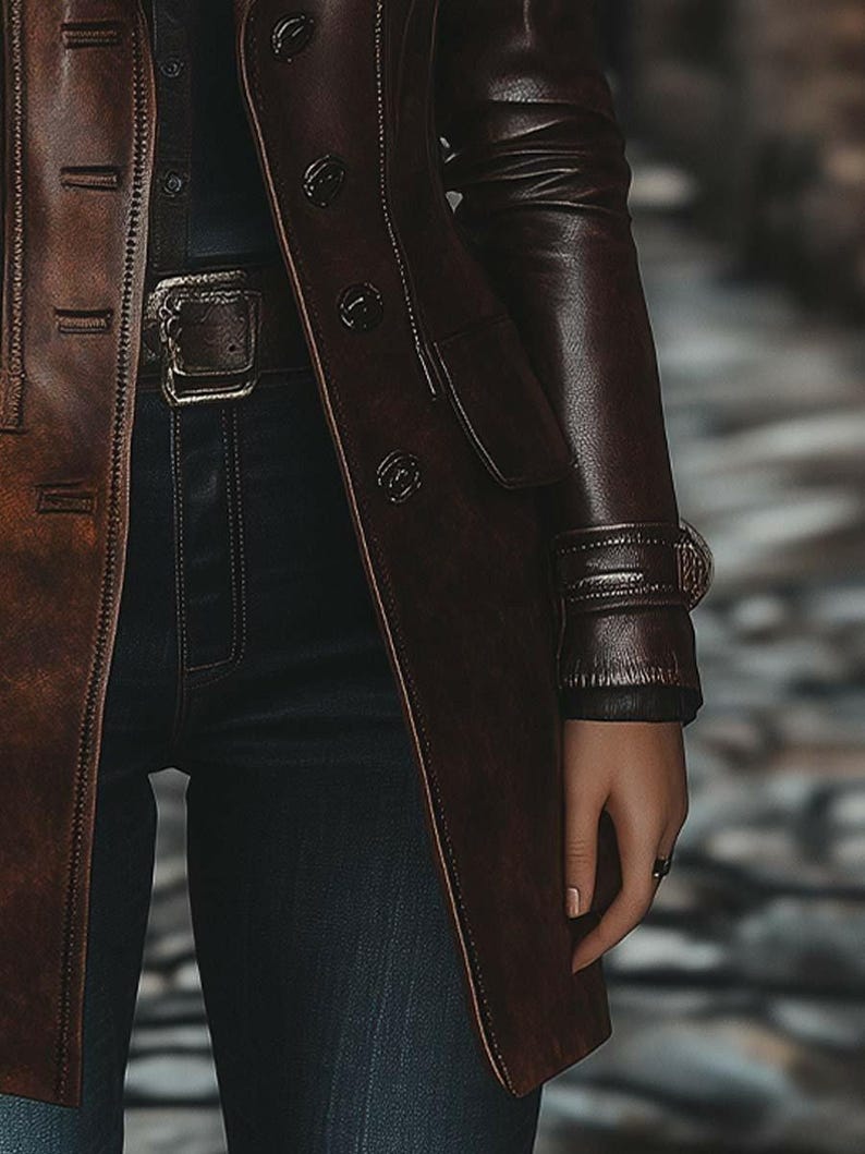 Women's Vintage Lapel Button Leather Long Jacket - Etsy