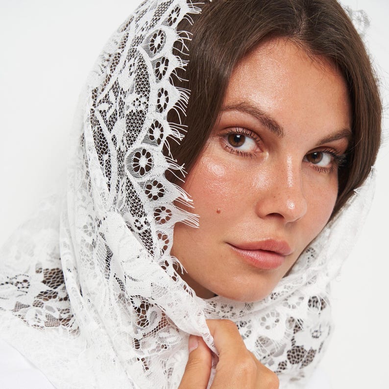 White Lace Mantilla Veil: Cotton Blend, Catholic Church Head Covering ...