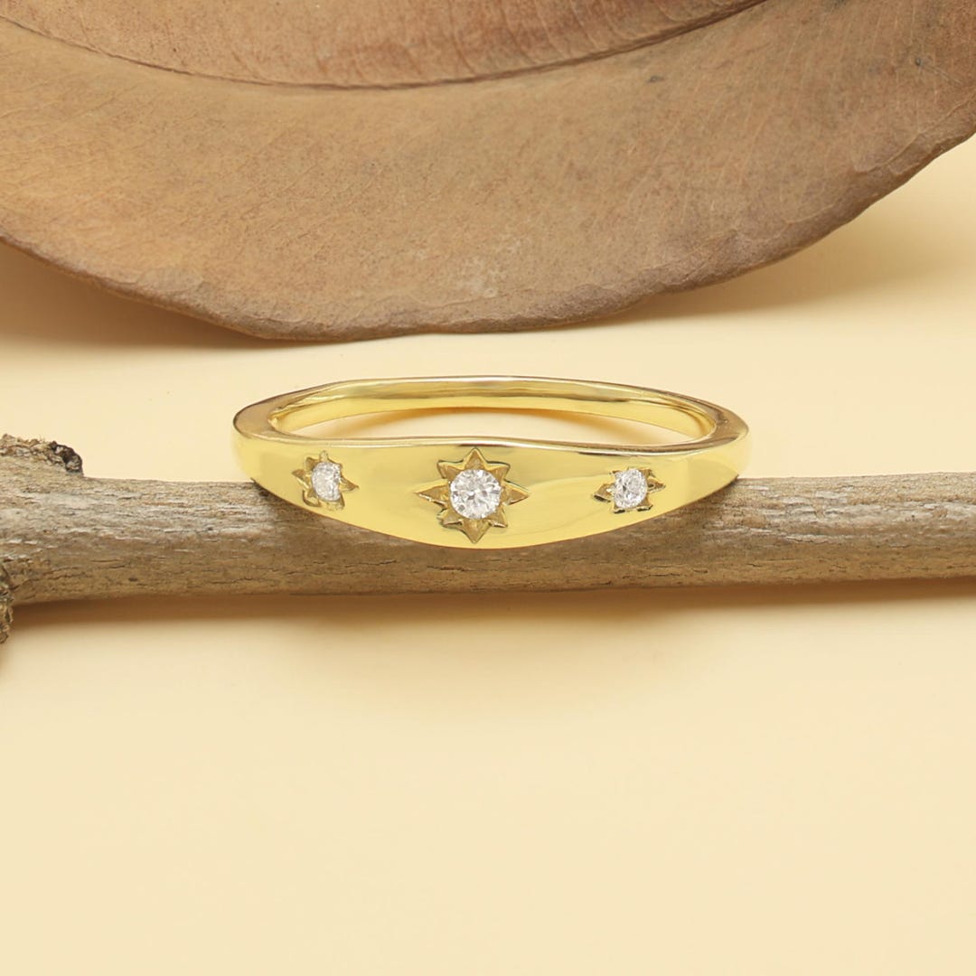 Thin Starburst Diamond Ring, Star Setting Celestial Ring, Gold Ring ...