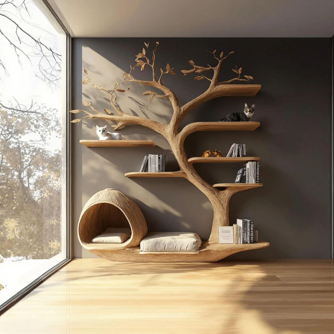 Rustic Cat Tree Wall Unit Living Room Cat Bed Furniture 80"h X 60"w - Etsy