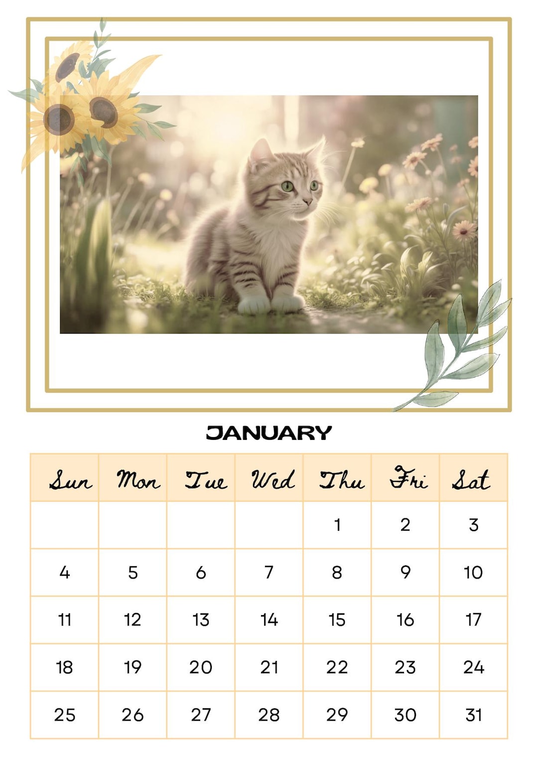 2026 Printable Calendar Cute Cat Design - Etsy