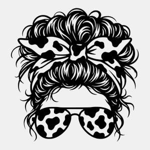 Messy Bun Cow Print SVG, Sunglasses Bandana Hair Graphic Art for T ...