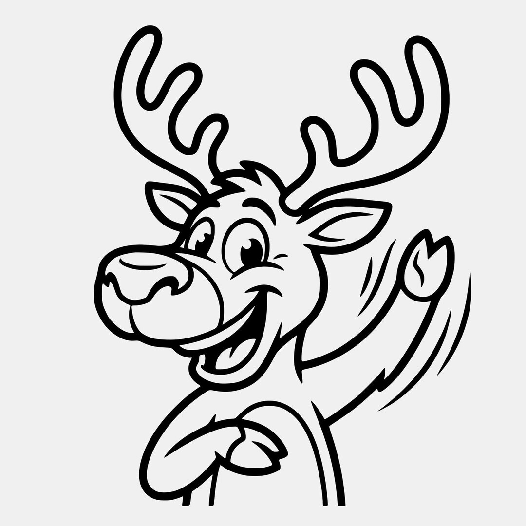 Cartoon Reindeer Waving SVG PNG : Enthusiastic Line Art Design (digital ...