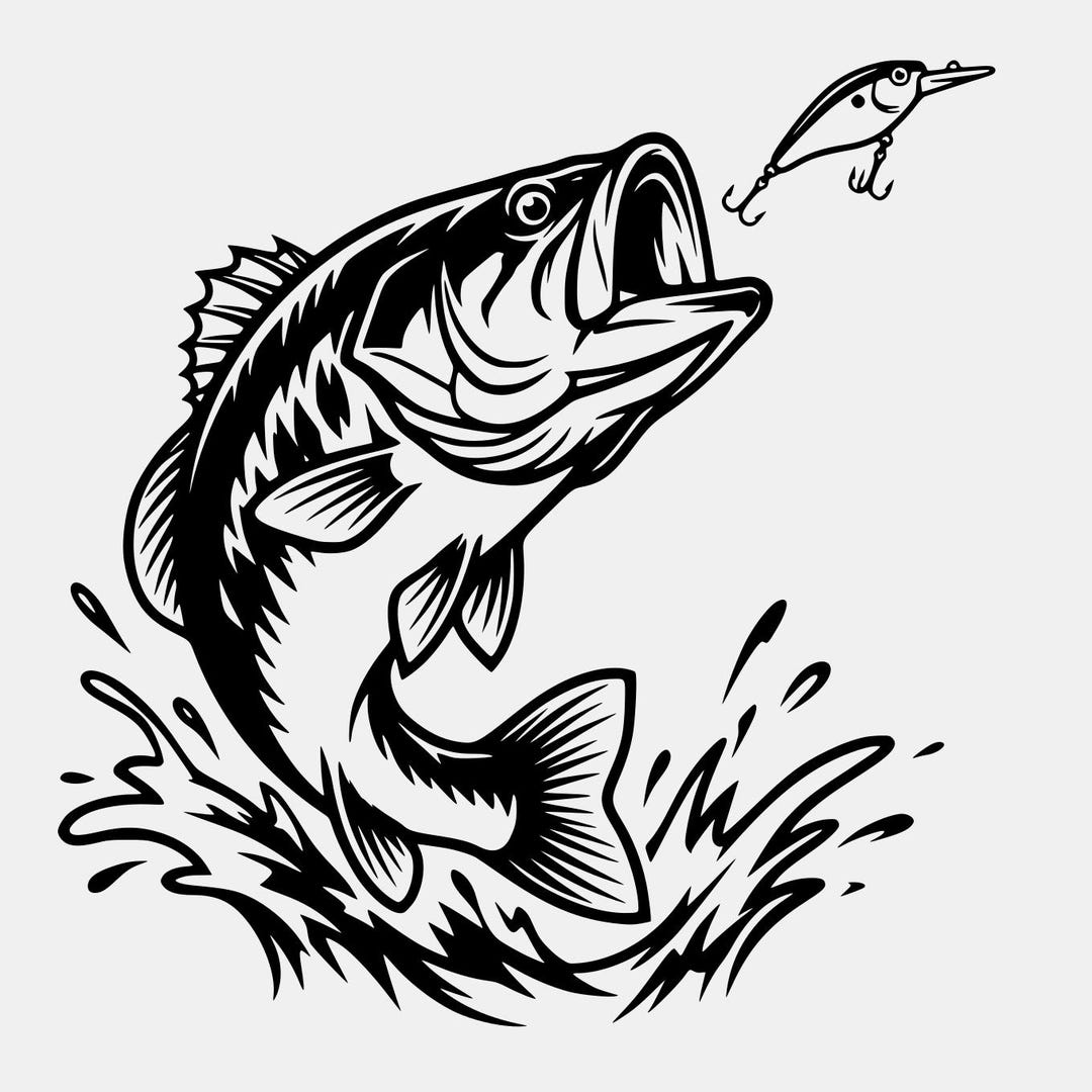Bass Leaping Lure SVG PNG: Bold Line Art Fishing Design (digital ...
