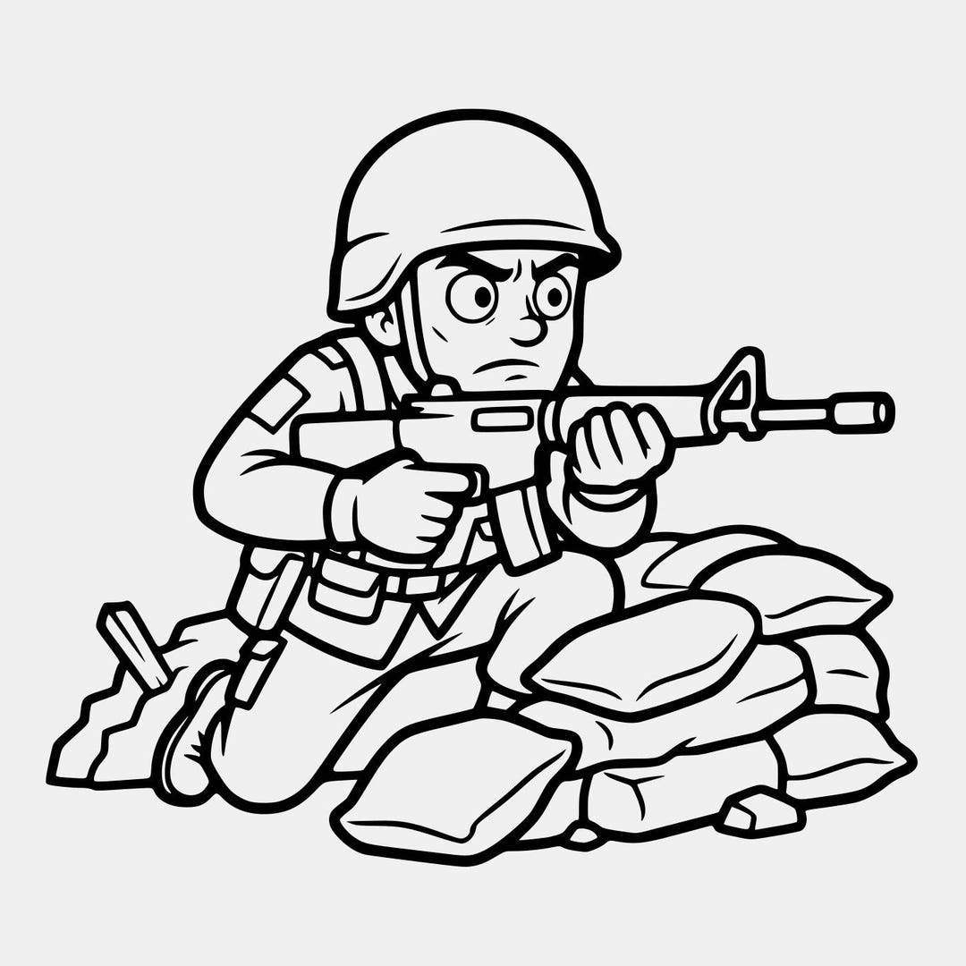 Cartoon Soldier Crouching Behind Sandbags, Ready for Action - Military ...