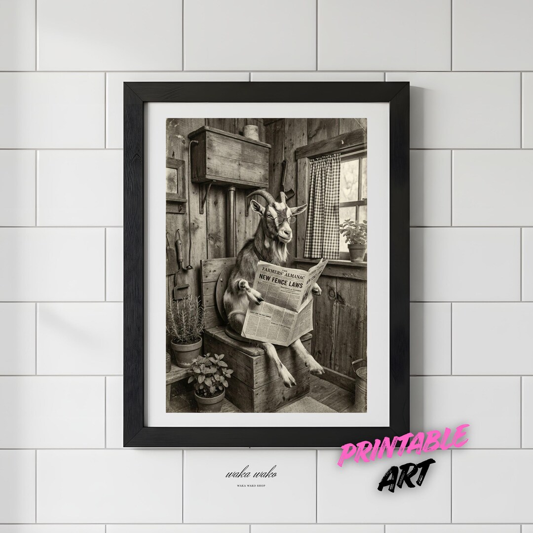 Funny Goat Reading Newspaper on Toilet Print, Vintage Farmhouse ...